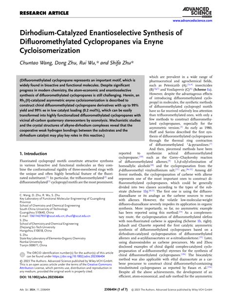 Pdf Dirhodium‐catalyzed Enantioselective Synthesis Of Difluoromethylated Cyclopropanes Via