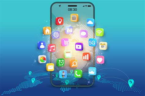 모바일 새로운 기술 및 통신 개념으로 글로벌 네트워크 배경에 격리 응용 프로그램 아이콘과 스마트 폰에 응용 프로그램 벡터 그림입니다 3차원 형태에 대한 스톡 벡터 아트 및