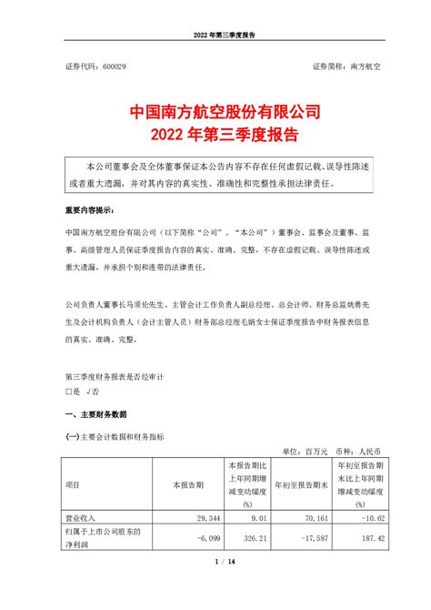 南方航空：南方航空2022年第三季度报告