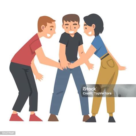 행복한 남자와 여자 캐릭터와 그들의 손으로 그들의 손 스택 에 그들을 함께 퍼 팅 함께 보여주는 화합 과 연대 벡터 일러스트 벡터에 대한 스톡 벡터 아트 및 기타 이미지
