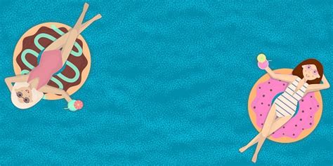 수영장 파티 배경입니다 여름 수상 활동 두 여자와 장면풍선 수영장 반지에 칵테일을 보유하고있다 맨 위 보기 해변 또는 수영장 배너 포스터 디자인 공기 주입에 대한 스톡 벡터