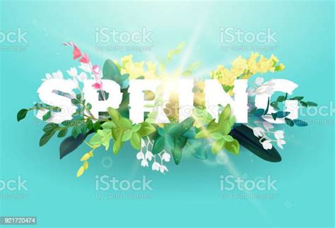파란색 배경에 밝은 봄 디자인입니다 꽃 녹색에서 장식으로 볼륨 비문 나뭇잎과 식물의 분 지 햇빛의 효과입니다 벡터 일러스트 레이 션 3차원 형태에 대한 스톡 벡터 아트 및