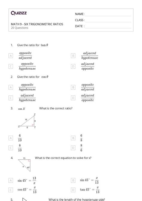 50 trigonometric ratios sin cos tan csc sec and cot worksheets for 9th