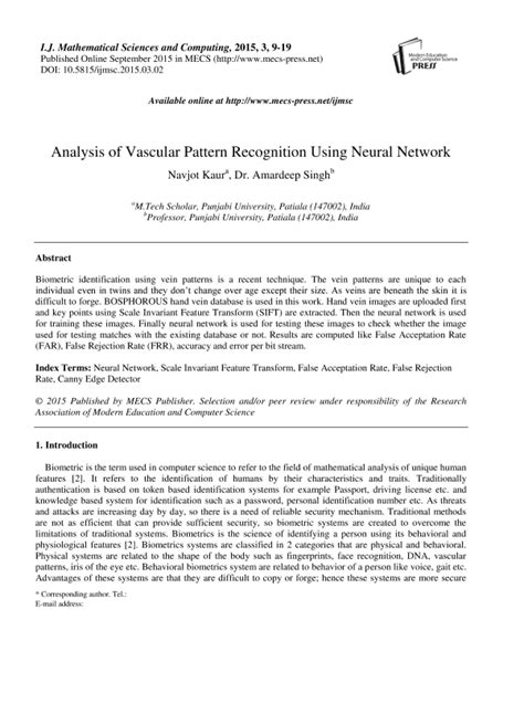 analysis of vascular pattern recognition using neural network ijmsc
