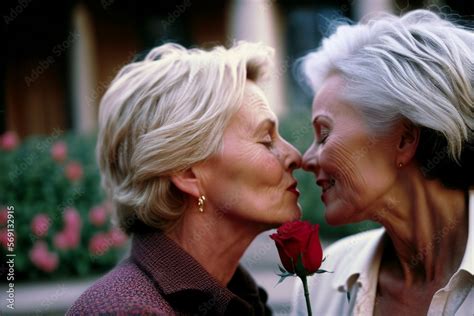 Couple Of Beautiful Senior Women Kissing On Valentine S Day Two Mature Lgbt Girlfriends Or