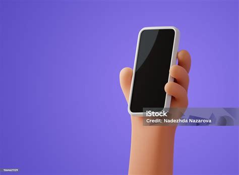 빈 검은색 화면이 있는 휴대폰을 들고 있는 3d 손 텍스트 또는 프로모션을 위한 복사 공간이 있는 스마트폰 개념을 사용합니다 만화 창조적 인 디자인 아이콘은 보라색 배경에