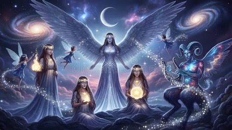 Angel Women With Glowing Orbs Spiritual Stock Illustration