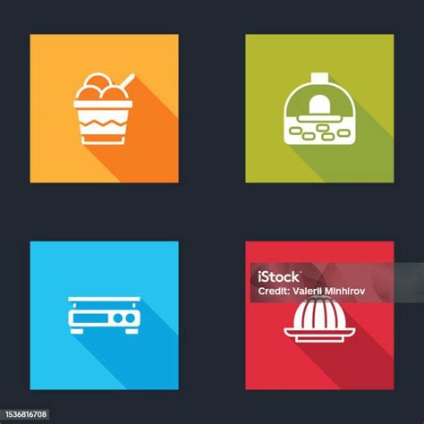 그릇 벽돌 스토브 전자 저울 및 푸딩 커스터드 아이콘에 아이스크림을 설정하십시오 벡터 0명에 대한 스톡 벡터 아트 및 기타 이미지 0명 검은색 규모 Istock