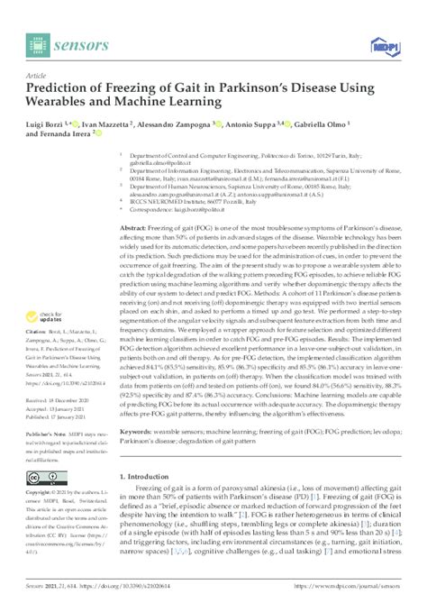 Pdf Prediction Of Freezing Of Gait In Parkinsons Disease Using Wearables And Machine Learning