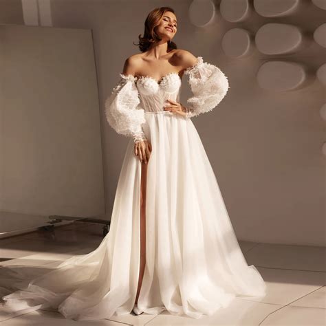 2022 하이 슬릿 샴페인 웨딩 드레스 연인 분리형 퍼프 슬리브 긴 튤 레이스 업 공식 신부 가운 결혼식 가운 튜닝 가운결혼식 드레스 Aliexpress