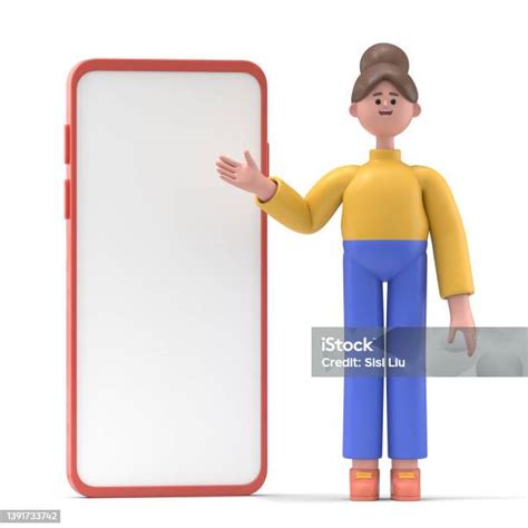 큰 전화와 웃는 여자 안젤라의 3d 그림 화면을 손가락으로 가리키는 남자를 서있는 만화 캐릭터의 초상화 흰색 배경에 3d 렌더링 3차원 형태에 대한 스톡 사진 및 기타