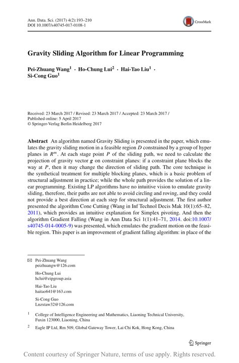Gravity Sliding Algorithm For Linear Programming