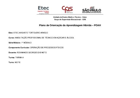 Poad 1 Operação De Processos Físicos Unidade De Ensino Médio E Técnico Cetec Grupo De