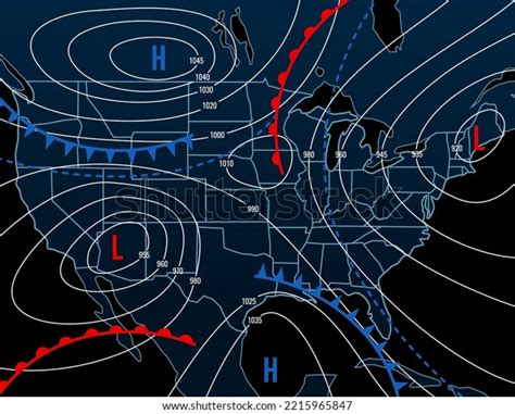Forecast Weather Isobar Night Map Usa Stock Vector Royalty Free