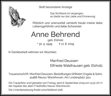 Alle Traueranzeigen Für Anne Behrend Trauer Rp Online De