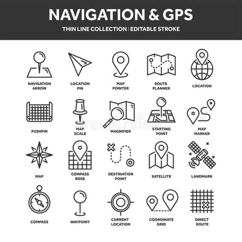 map and navigation gps coordinates location icons line art stock