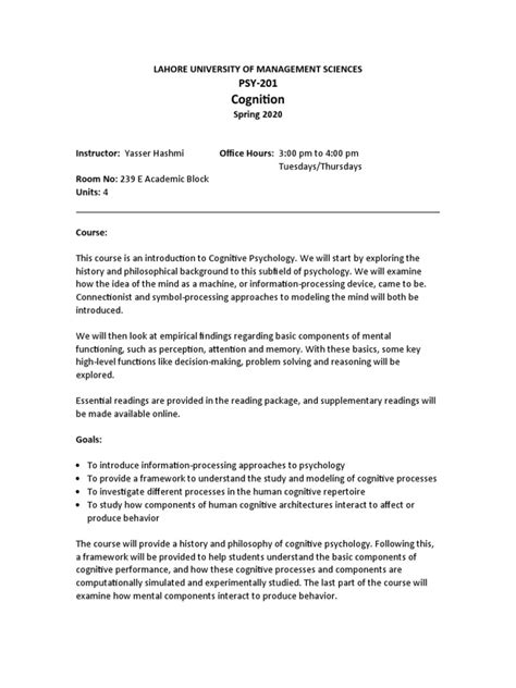 Psy 201 Cognition New Course Outline Pdf Cognitive Psychology