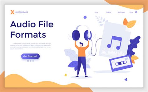 헤드폰으로 멜로디를 듣는 사람이있는 랜딩 페이지 종이 시트 및 카세트 테이프에 메모하십시오 오디오 파일 형식 음악 트랙 사운드