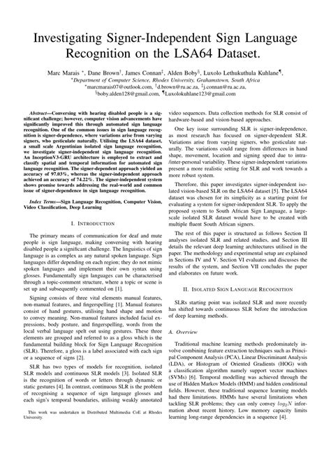 Pdf Investigating Signer Independent Sign Language Recognition On The Lsa64 Dataset