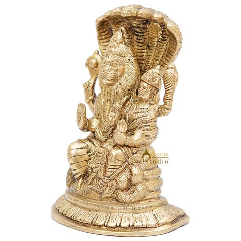 Brass Narsingh Laxmi Idol Under Serpent Religious Lucky Décor Statue 7