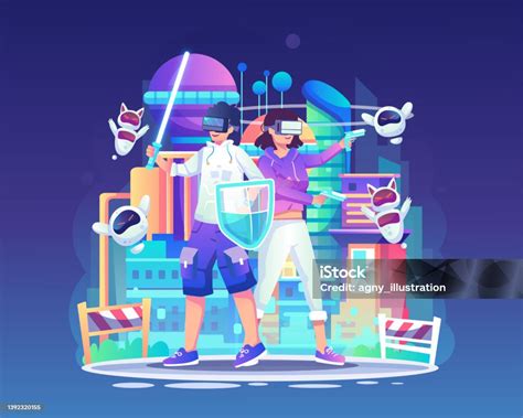 Vr 헤드셋을 착용한 남성과 여성 캐릭터가 미래의 미래 도시를 가상으로 시뮬레이션하여 로봇과 게임 전투를 벌입니다 플랫 벡터 일러스트 레이 션 3차원 형태에 대한 스톡 벡터