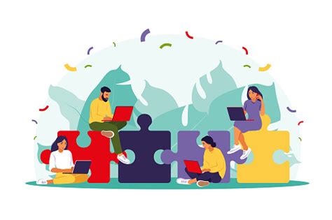 퍼즐을 함께 넣어 비즈니스 팀 만화 파트너와 관련하여 작업합니다 팀워크 협력 파트너십의 상징 플랫 벡터 그림입니다 개념에 대한 스톡 벡터 아트 및 기타 이미지 Istock