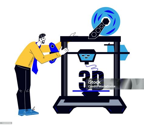 평면 벡터가 격리된 3d 프린터를 사용하여 3차원 개체를 인쇄하는 엔지니어 3d 프린팅 필라멘트에 대한 스톡 벡터 아트 및 기타