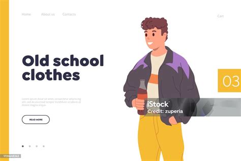 캐주얼한 일상복을 입고 있는 트렌디한 패션 남자가 있는 오래된 학교 옷 랜딩 페이지 템플릿 1990 1999 년에 대한 스톡 벡터 아트 및 기타 이미지 1990 1999