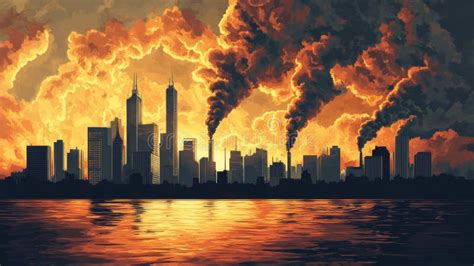 Pixel Art Cityscape At Sunset With Heavy Air Pollution Stock Illustration Illustration Of