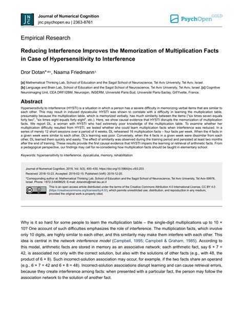 Pdf Reducing Interference Improves The Memorization Of Multiplication Facts In Case Of