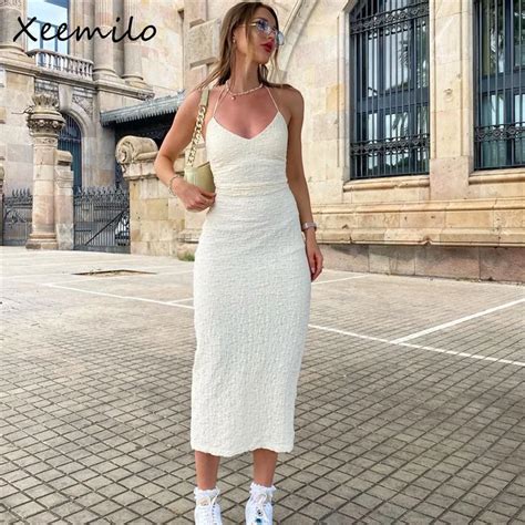 Xeemilo Elegant Strapless Halter Dress Women Sexy Low Cut Backless Texture Dresses 2022 Summer