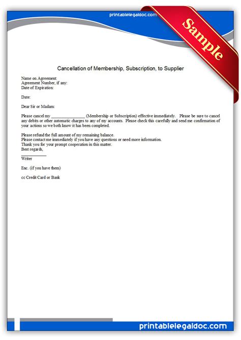 Free Printable Cancellation Of Membership Subscription Form GENERIC