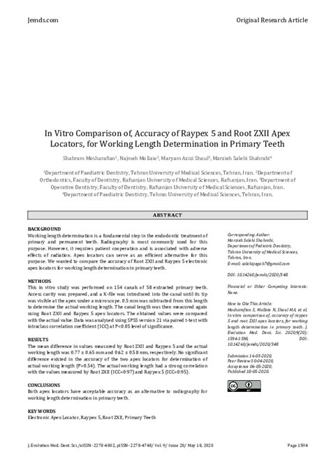 Pdf In Vitro Comparison Of Accuracy Of Raypex 5 And Root Zxii Apex Locators For Working