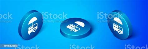 파란색 배경에 분리된 차양 아이콘이 있는 아이소메트릭 패스트 스트리트 푸드 카트 도시 키오스크 아이스크림 트럭 파란색 원 버튼입니다 벡터 3차원 형태에 대한 스톡 벡터 아트