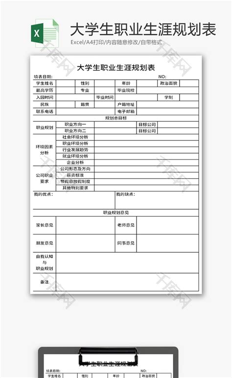 大学生职业生涯规划表Excel模板 千库网 excelID155627