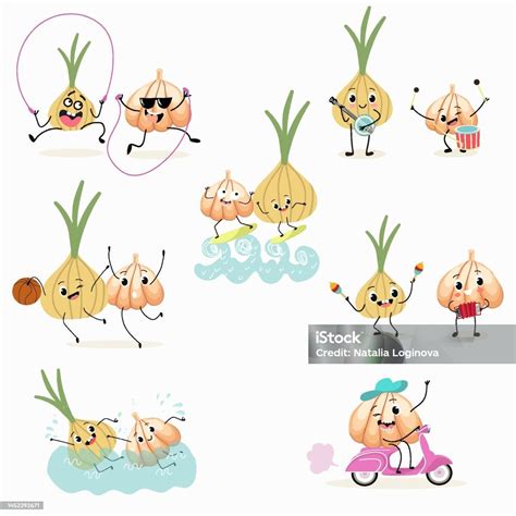 재미있는 양파와 마늘 세트 캐릭터 컬렉션이 있는 그림 재미 있고 건강한 음식 비타민 귀여운 얼굴을 가진 음식 재료 산화 방지 채식주의 자 벡터 만화 감정에 대한 스톡 벡터