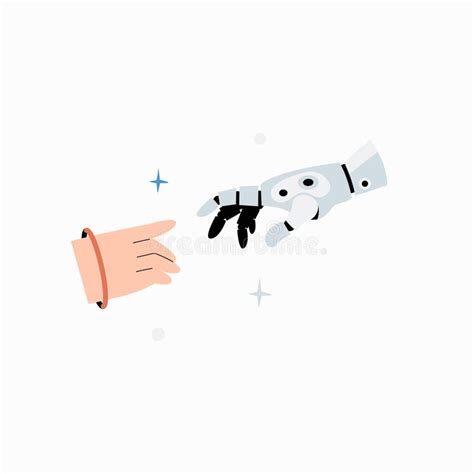 Human Hand Reaching Robotic Hand In Flat Vector Illustration