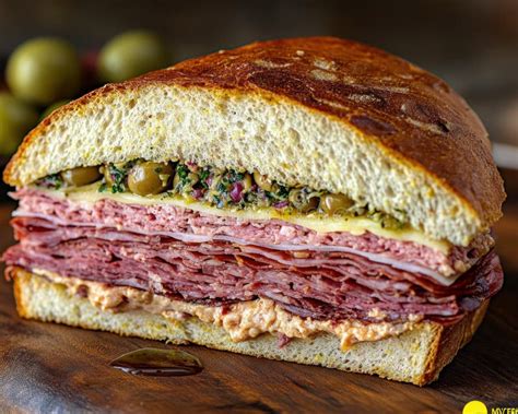 Macro Shot Of Muffuletta Sandwich With New Orleans Flavors Stock