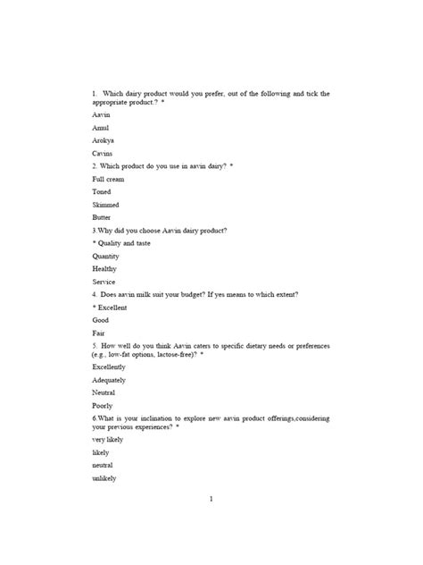 Ladies Questionnaire Pdf Milk Dairy Products