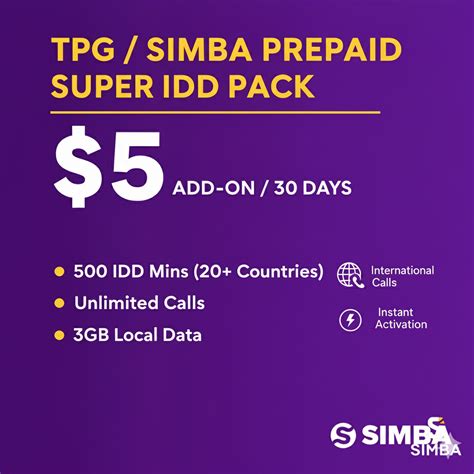 Tpg Simba 5 Super Idd Pack 500 Mins International Calls 3gb
