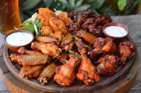 Premium Photo Chicken Wing Sampler Platter With Four Flavors And Beer
