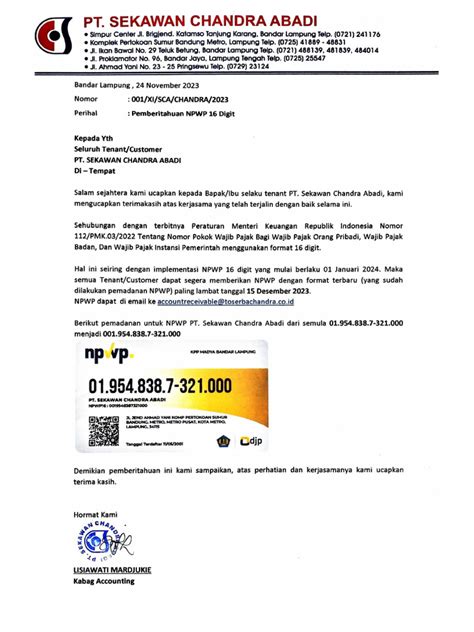 Contoh Surat Pemberitahuan Npwp 16 Digit Sca Pdf