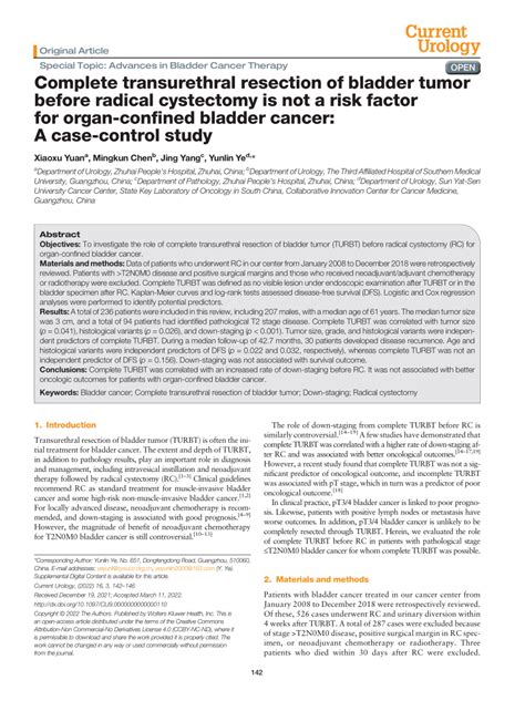 Pdf Complete Transurethral Resection Of Bladder Tumor Before Radical Cystectomy Is Not A Risk