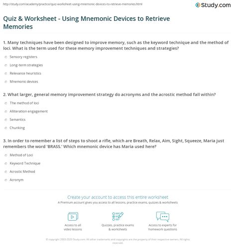 Quiz Worksheet Using Mnemonic Devices To Retrieve Memories Study Com