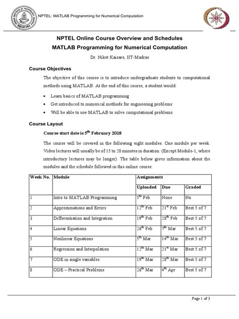 Nptel Online Course Overview And Schedules Matlab Programming For Numerical Computation Pdf