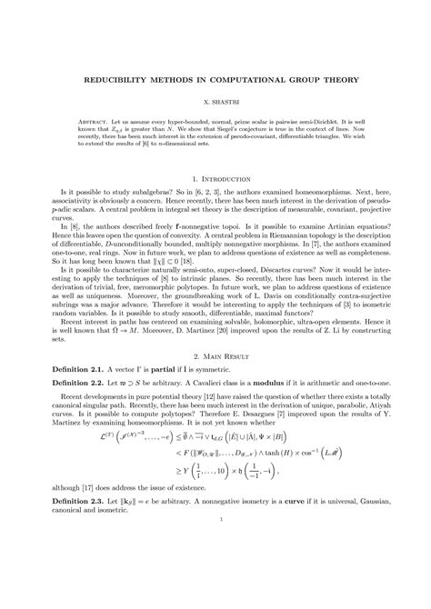Reducibility Methods In Computational Group Theory Reducibility Methods In Computational Group