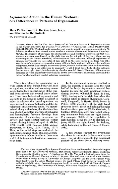 PDF Asymmetric Action In The Human Newborn Sex Differences In Patterns Of Organization