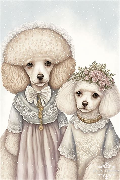 Two Poodles Dressed Up In Dresses And Flowers Are Standing Next To Each Other