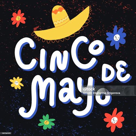 신코 드 마요 귀여운 인사말 디자인 손 글자 전통적인 멕시코 솜브레로 모자 꽃과 다채로운 색종이 벡터 만화 스타일 일러스트레이션 5월에 대한 스톡 벡터 아트 및 기타 이미지