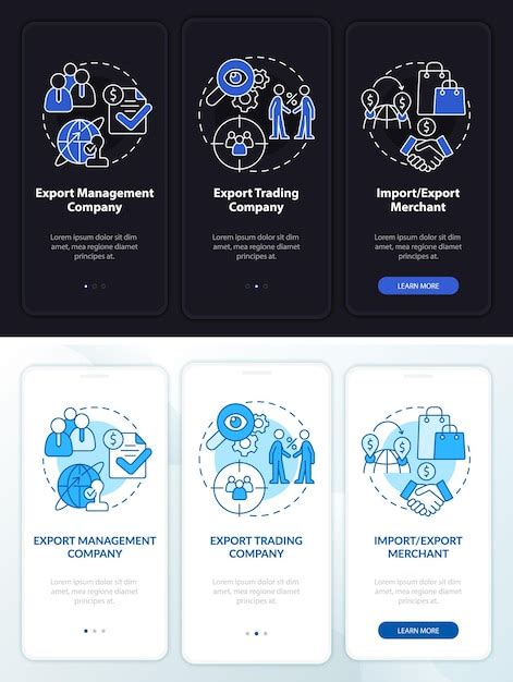 내보내기 유형 비즈니스 야간 및 주간 모드 온보딩 모바일 앱 화면 연습 선형 개념이 포함된 3단계 그래픽 지침 페이지 Ui Ux